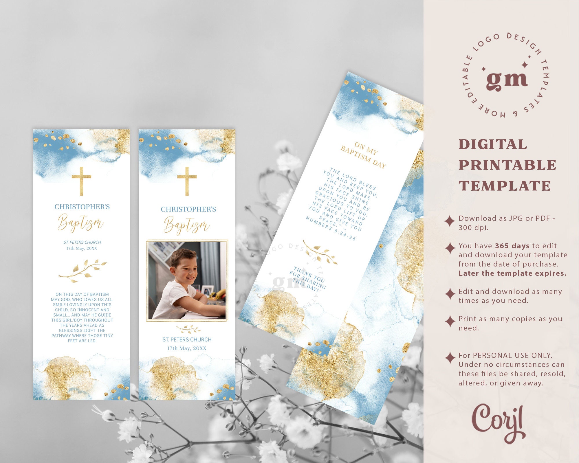 Baptism Bookmark Set, Light Blue & Gold, EDITABLE Confirmation Prayer ...
