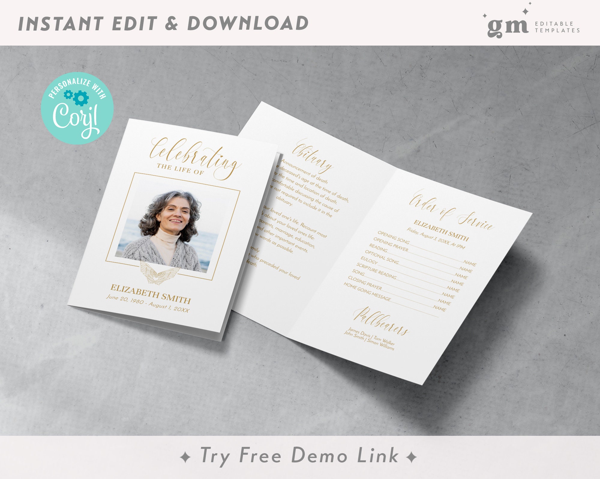 4 Page Funeral Program, Simple Editable Obituary TEMPLATE With Angel ...