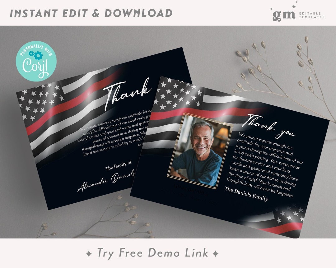 Firefighter Memorial Thank You Card, Editable Fireman Acknowledgement ...