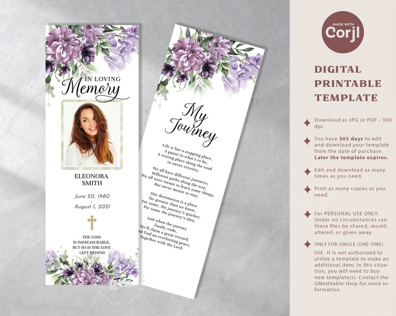 Purple Flowers Funeral Bookmark, Editable Floral Memorial Bookmark ...