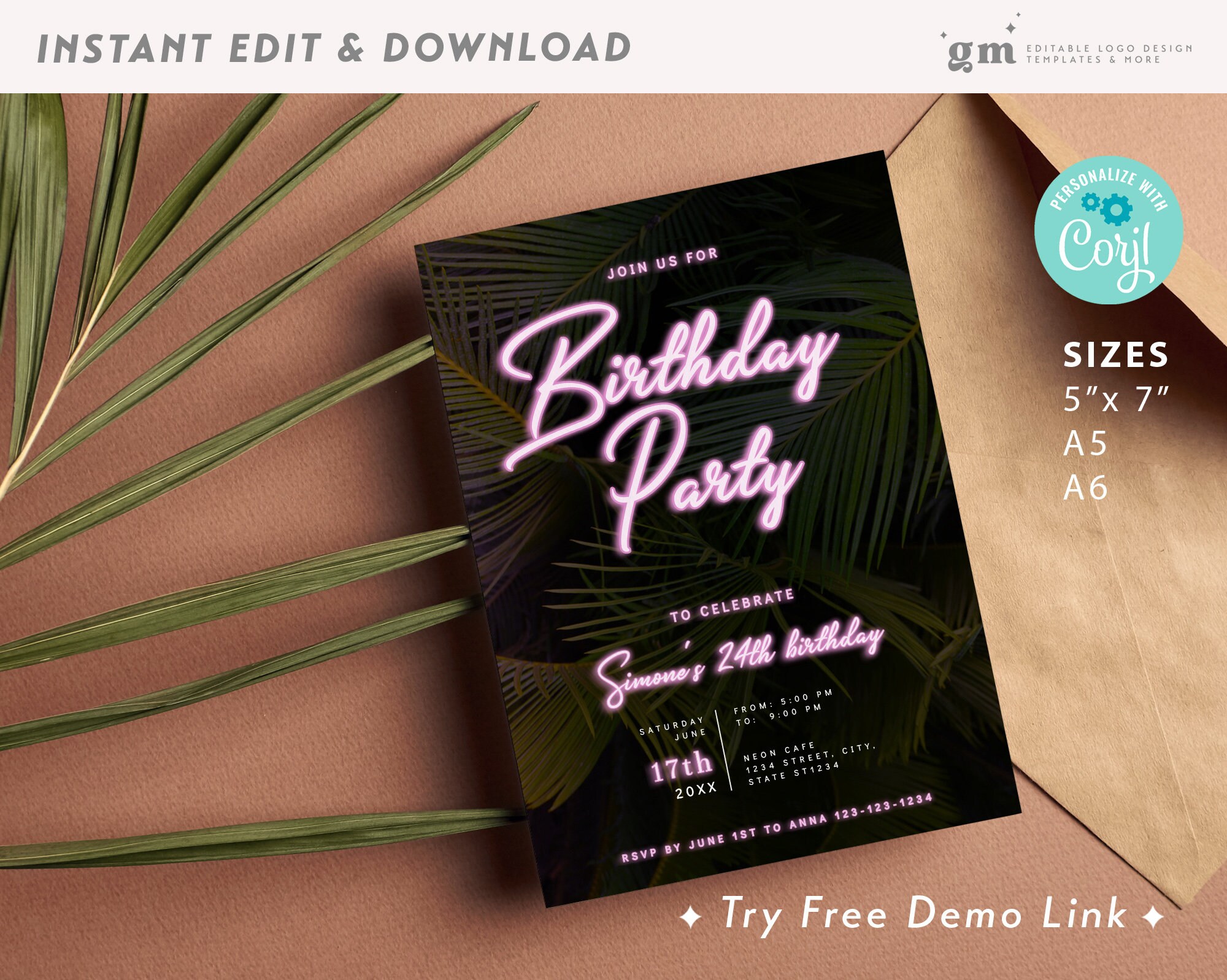 Neon Birthday Party Invitation Tropical Any Age Modern - Etsy