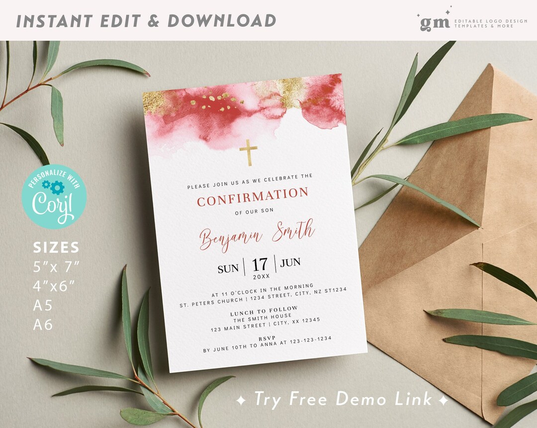 Red & Gold Confirmation Invite, Girl Boy Watercolor Invite Template ...