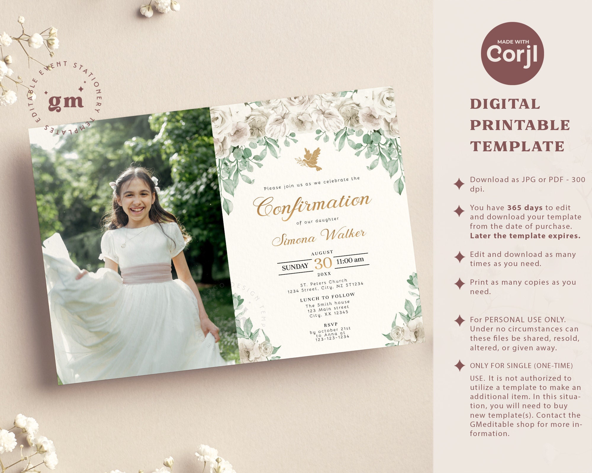 Floral Confirmation Picture Invitation, EDITABLE Confirmation Photo ...