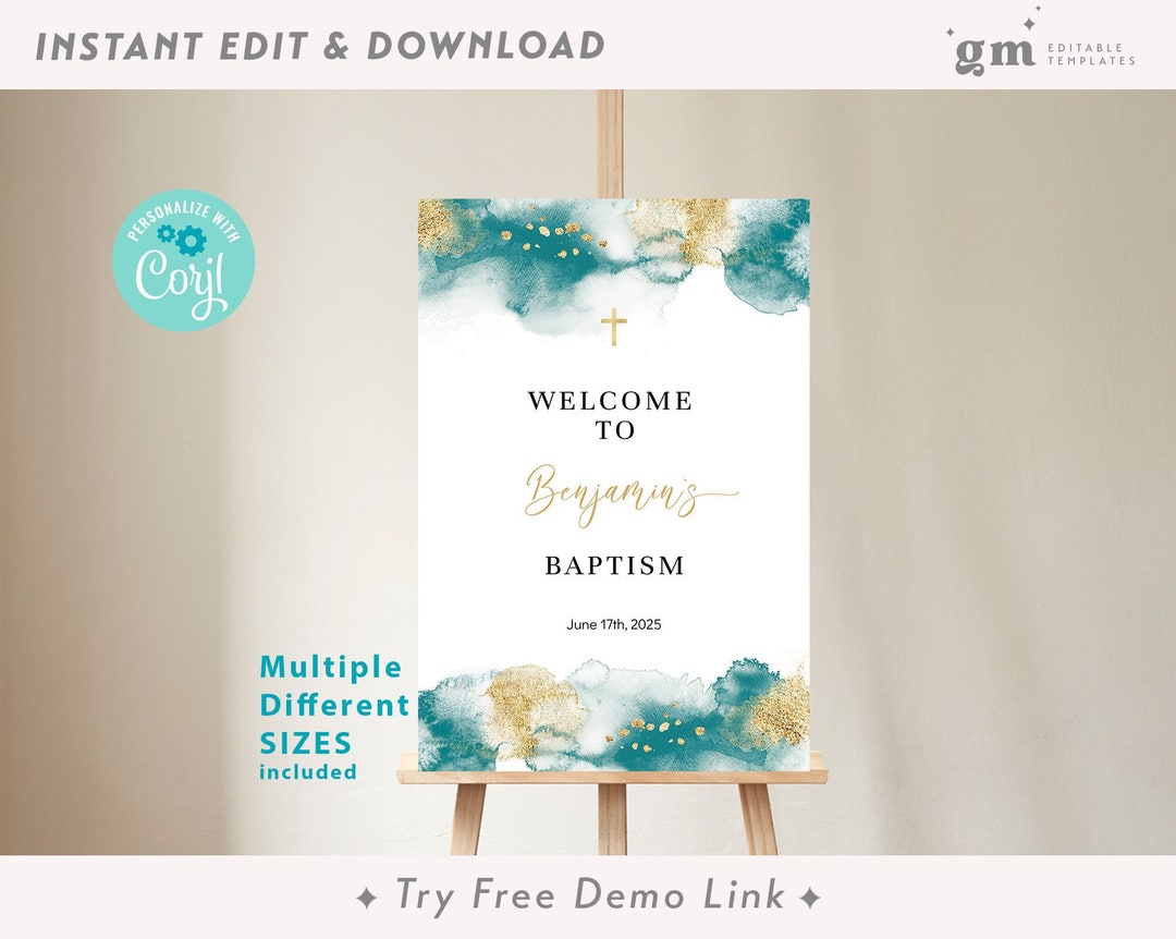 Communion Welcome Sign, Gold & Teal, EDITABLE Baptism Poster Template ...