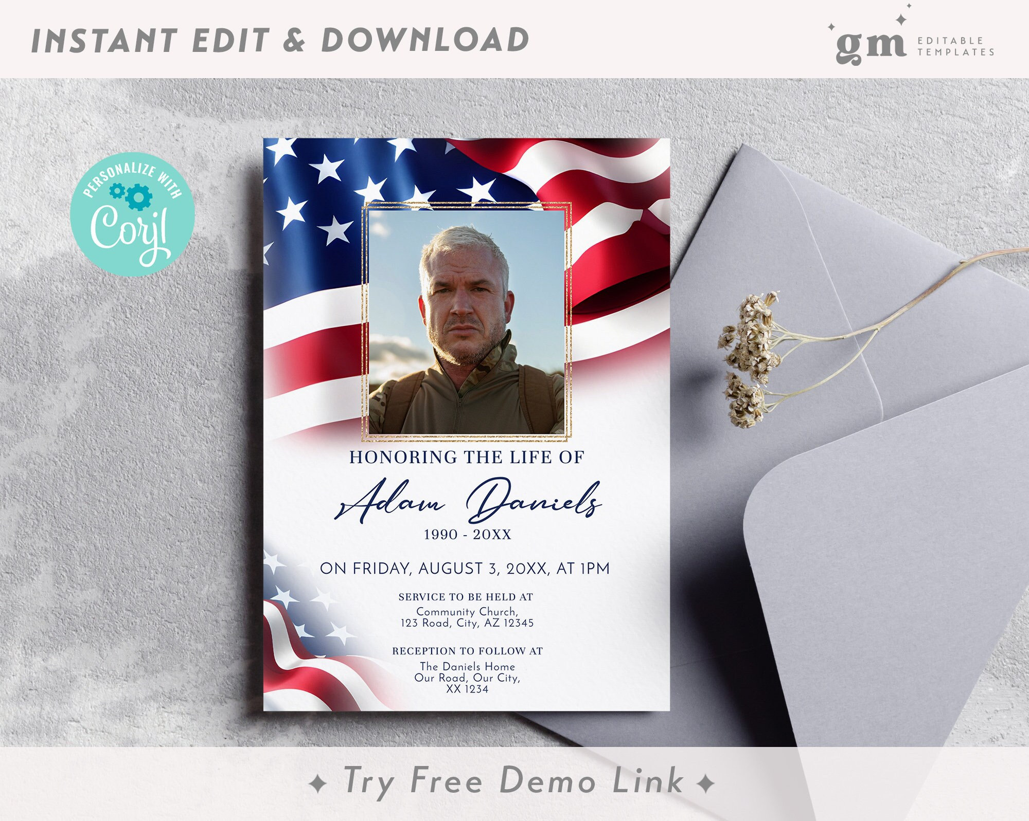 Military Funeral Announcement TEMPLATE, Editable Veteran Memorial ...