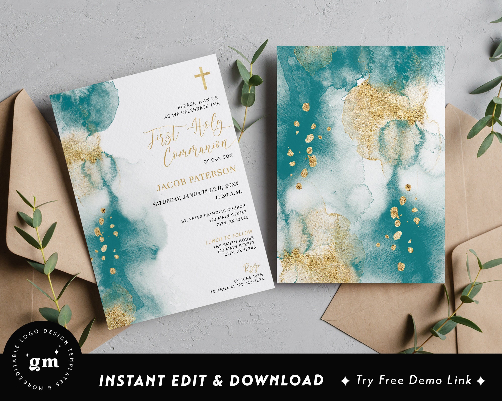 Teal Gold Abstract Communion Invitation, Editable Printable Boy Girl ...