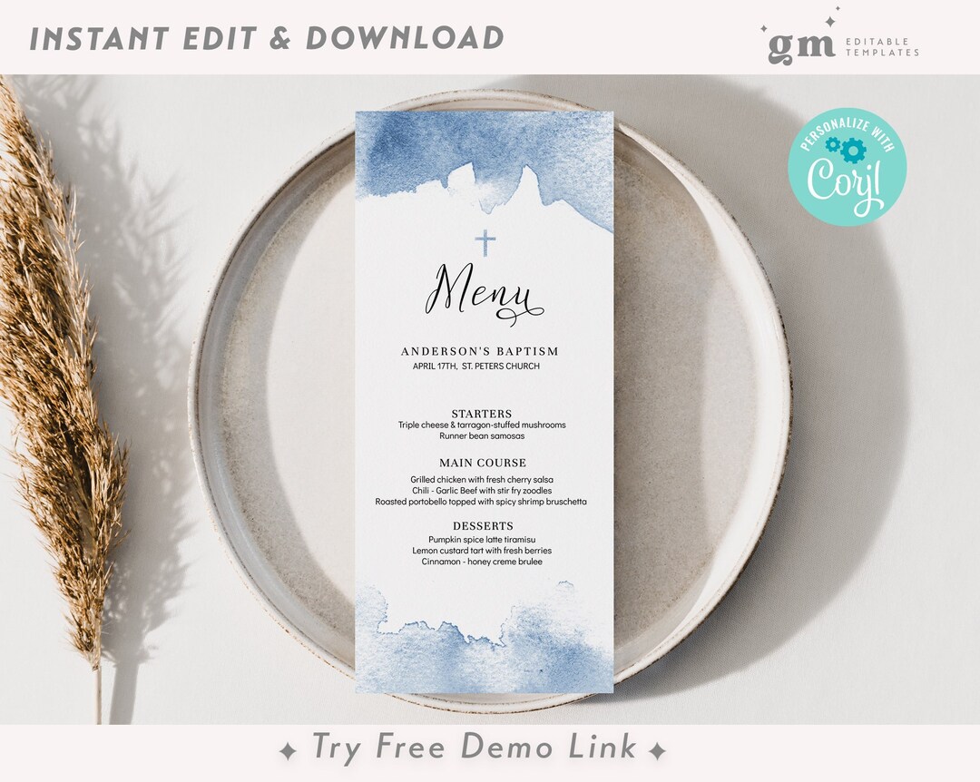 Blue Watercolor Christening Menu, EDITABLE Boy Baptism Table Menu Card ...