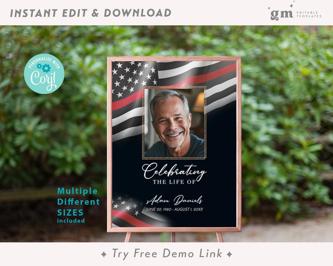 Fireman Memorial Poster With Photo, Editable Firefighter Funeral ...