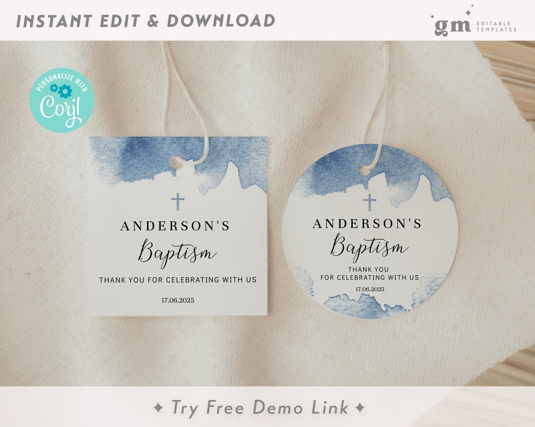 Baptism Favor Tag Template, Circle & Square, EDITABLE Boy Watercolor ...