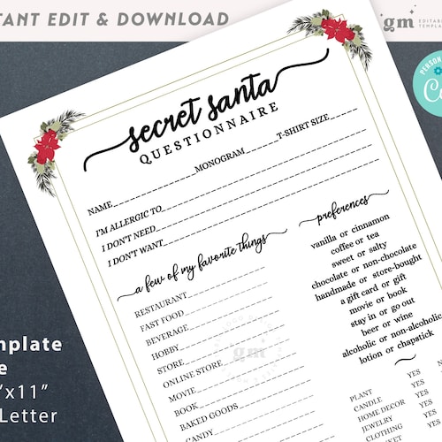 Printable PDF Secret SISTER Gift Exchange Questionnaire work - Etsy