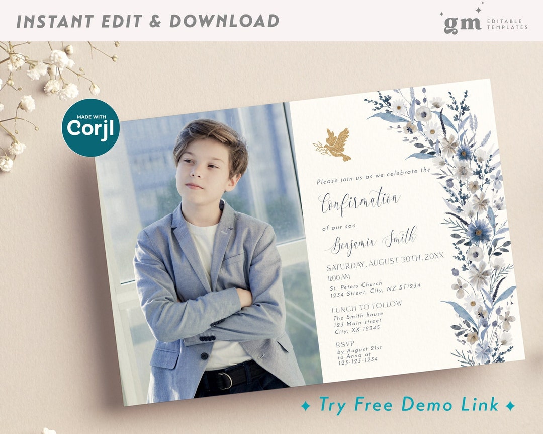Boy Confirmation Picture Invitation, Wildflower, EDITABLE Confirmation ...