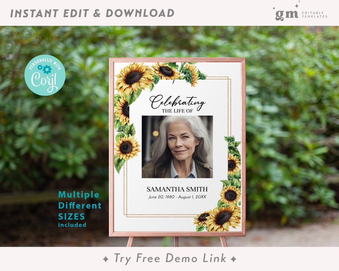 Sunflower Memorial Poster With Photo, Editable Funeral Welcome Sign ...