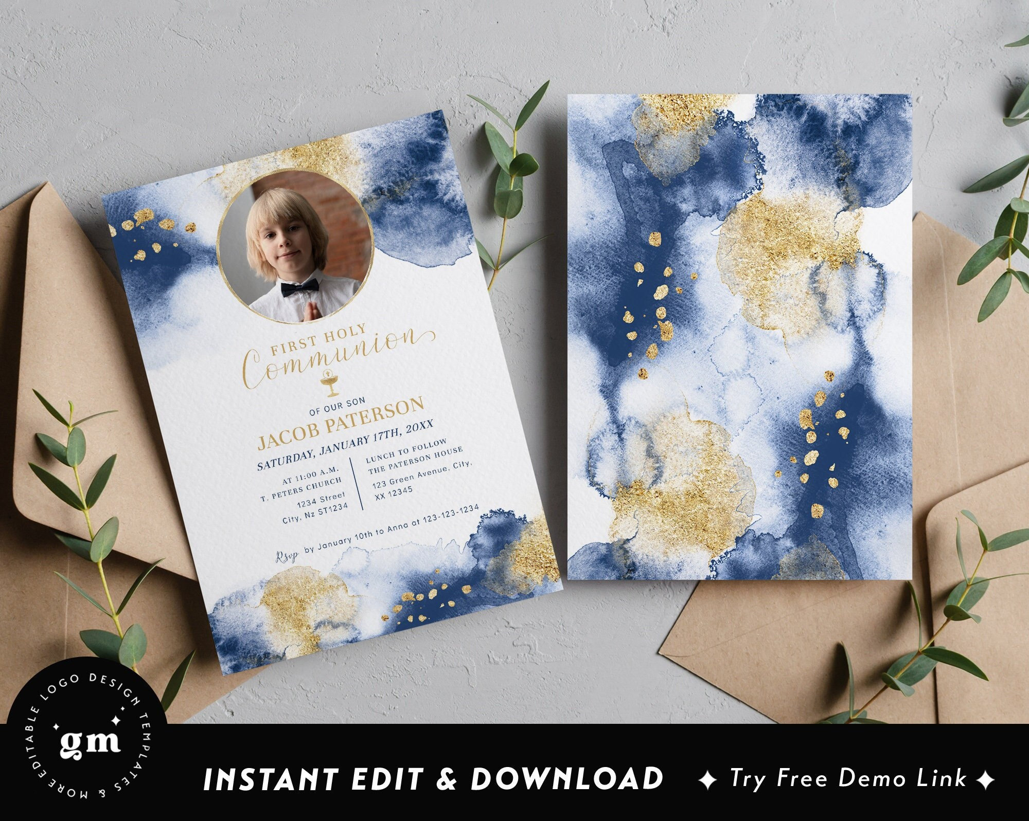 Boy First Holy Communion Invitation Card, EDITABLE 1st Communion Invite ...