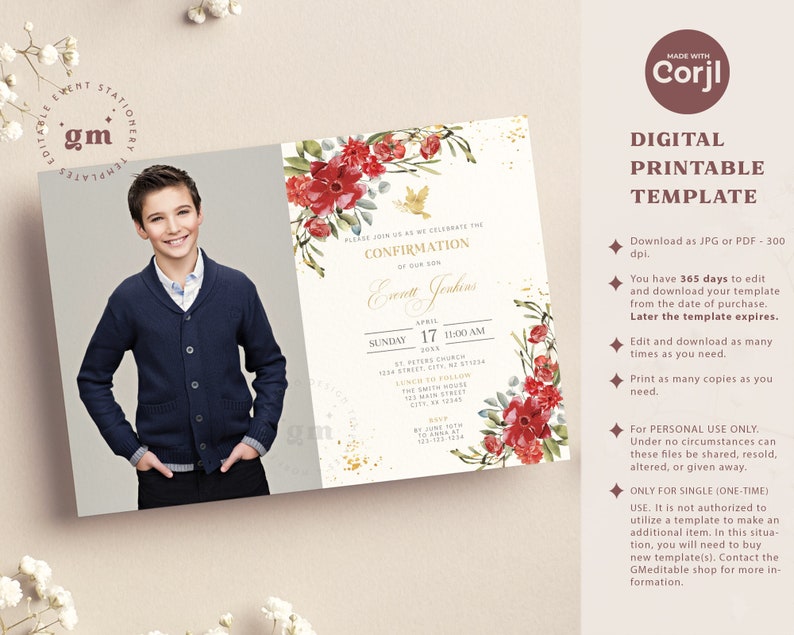 Red Floral Boy Confirmation Photo Invite Card, Editable Girl ...