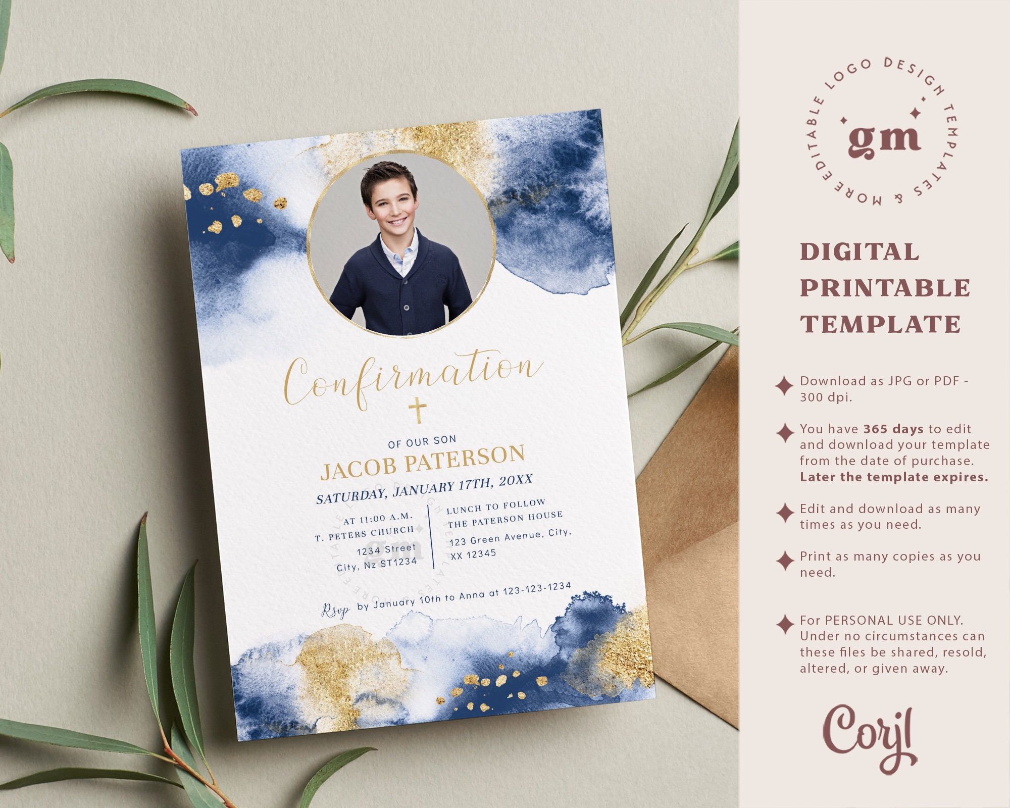 Boy Confirmation Invite With Small Picture, EDITABLE Confirmation Photo ...