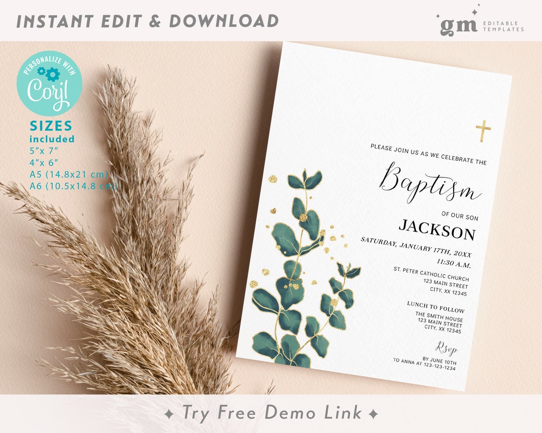 Simple Baptism Invitation Template Greenery EDITABLE Neutral - Etsy