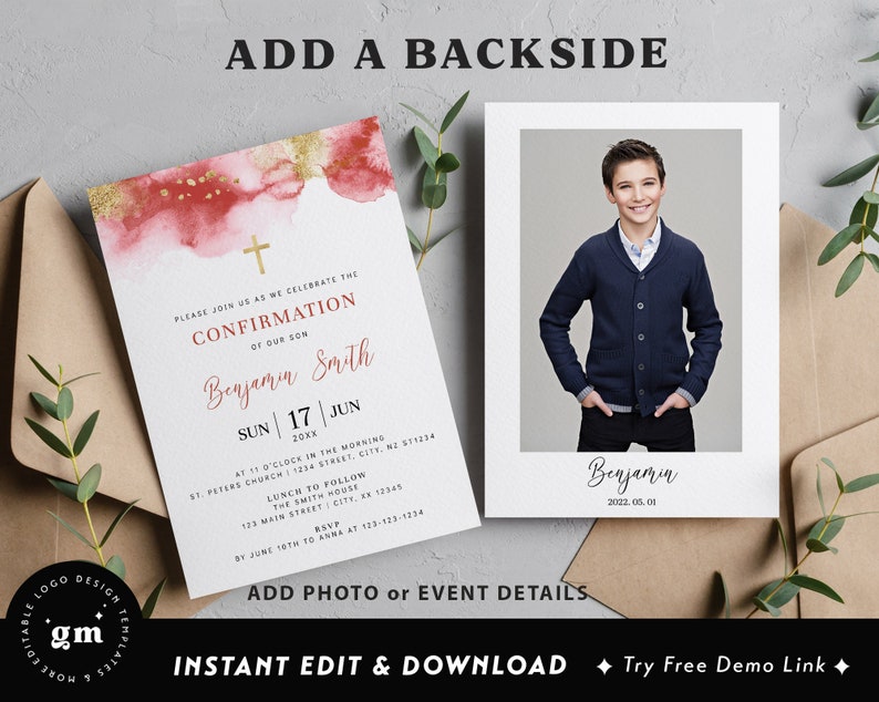 Red & Gold Confirmation Invite, Girl Boy Watercolor Invite Template ...