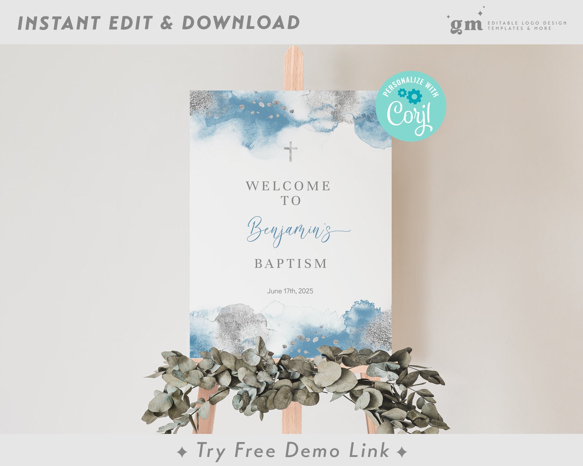 Boy Baptism Welcome Sign, Silver & Blue, EDITABLE Christening Poster ...