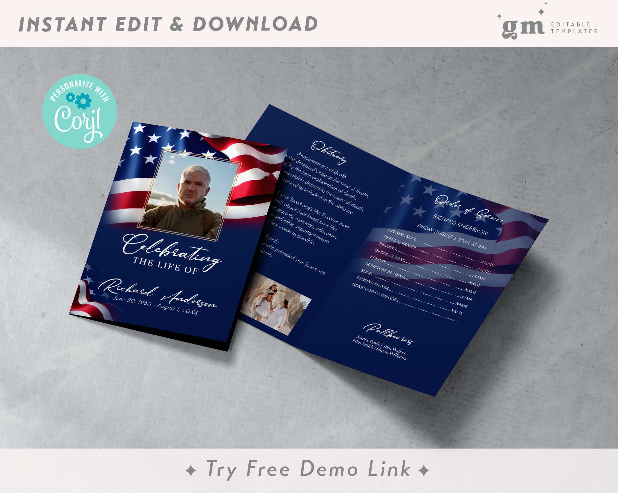 Veteran 4 Page Funeral Program, Editable Military Obituary TEMPLATE ...