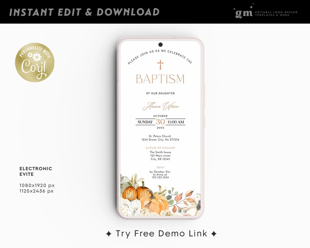 Fall Baptism Electronic Invitation, EDITABLE Autumn Pumpkin Christening ...