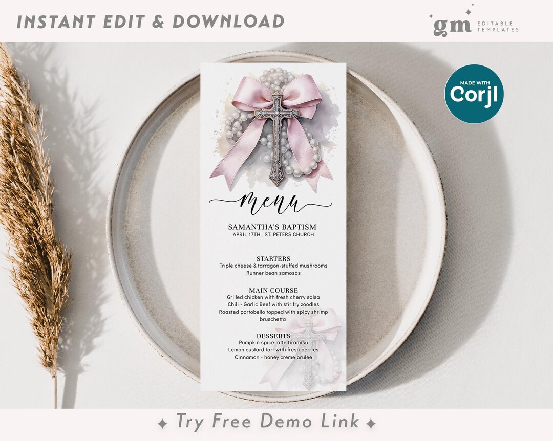 Pink Bow Baptism Lunch Menu, EDITABLE Cross & Rosary Communion Menu ...