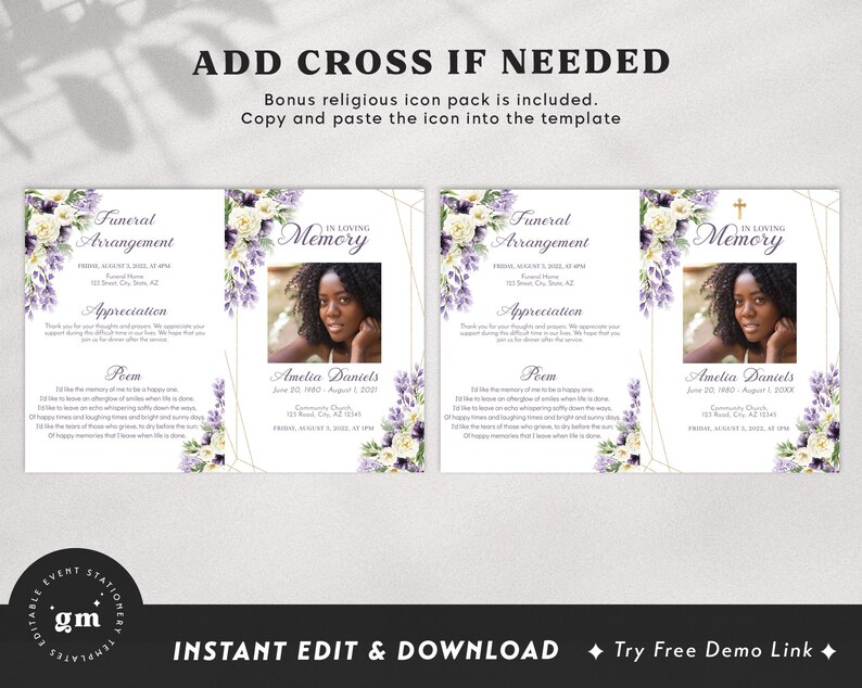 4 Page Funeral Program, Purple & White Flowers, Editable Floral ...