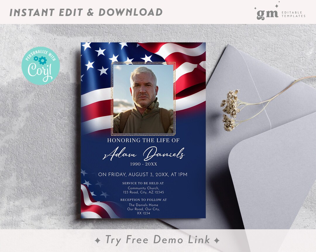 Veteran Memorial Invitation Card With Flag, Editable Military Funeral ...