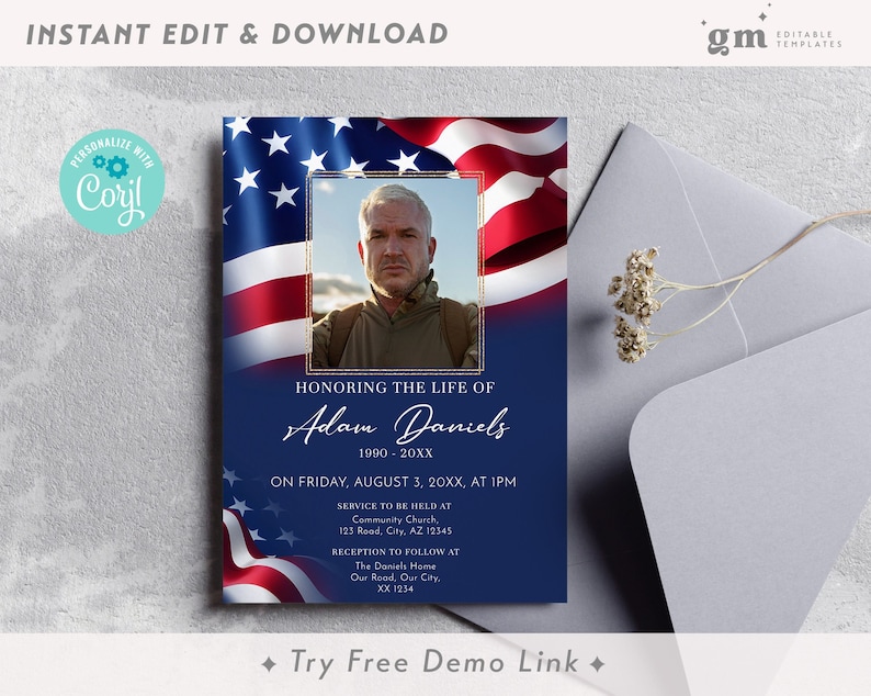 Veteran Memorial Invitation Card With Flag, Editable Military Funeral ...
