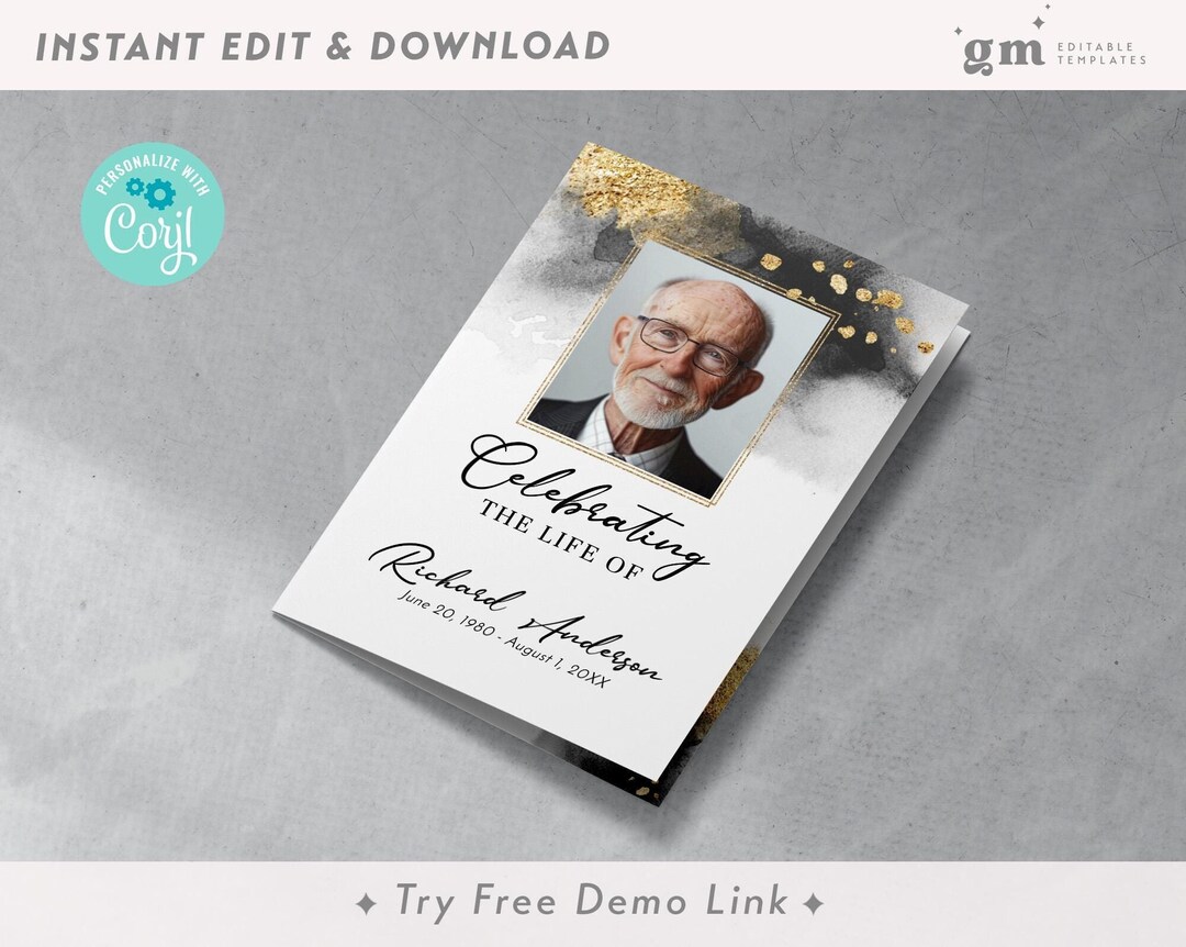Funeral Program Template, Black & Gold, Editable 4 Page Obituary, DIY ...