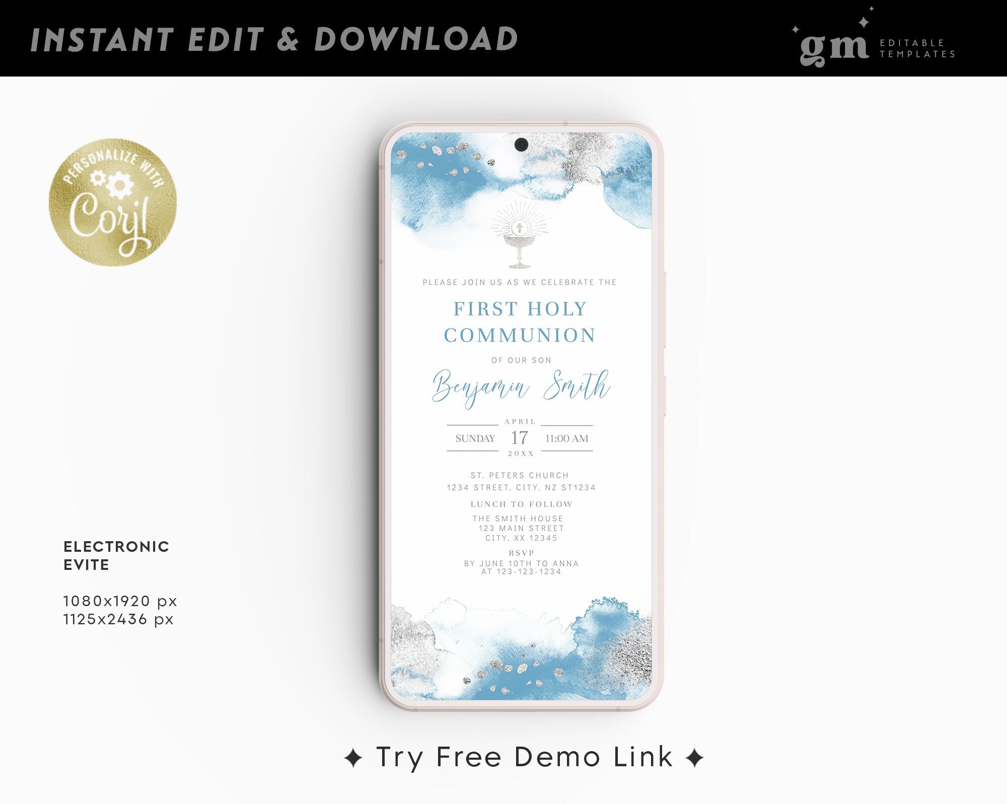 Boy First Holy Communion Electronic Invite Template, Light Blue ...