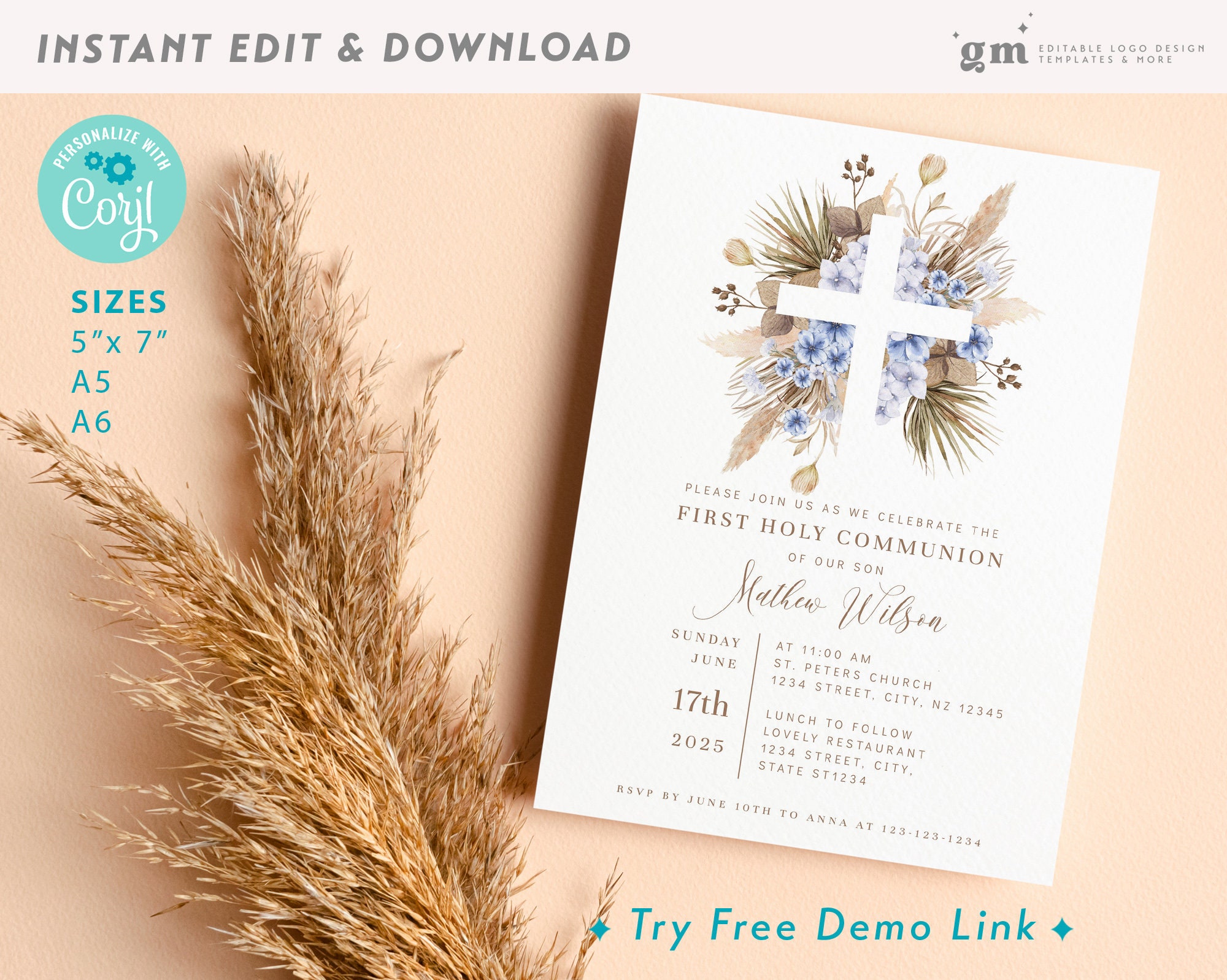 Boho Cross Communion Invitation, Pampas Grass Editable First Holy ...