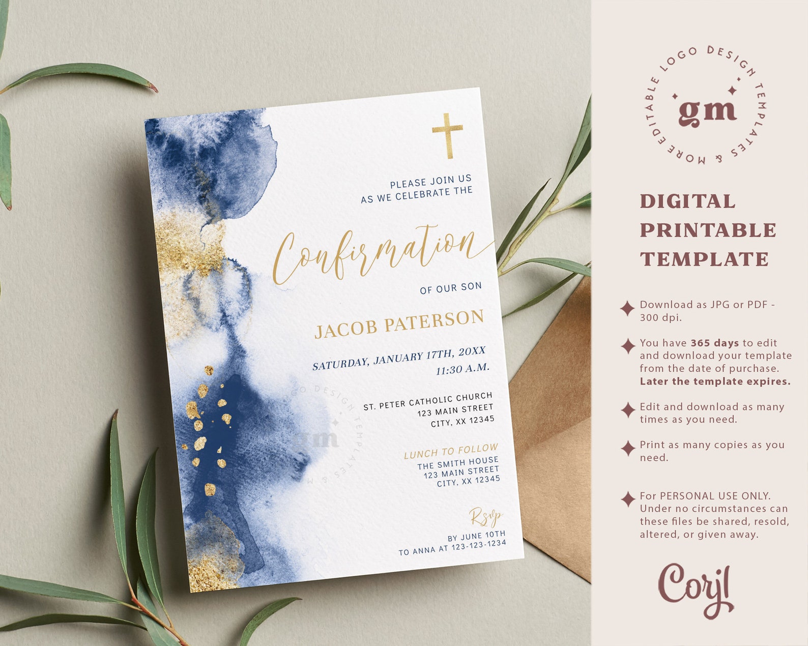 Watercolor Confirmation Invite, Navy Gold Boy Religious Invite Template ...