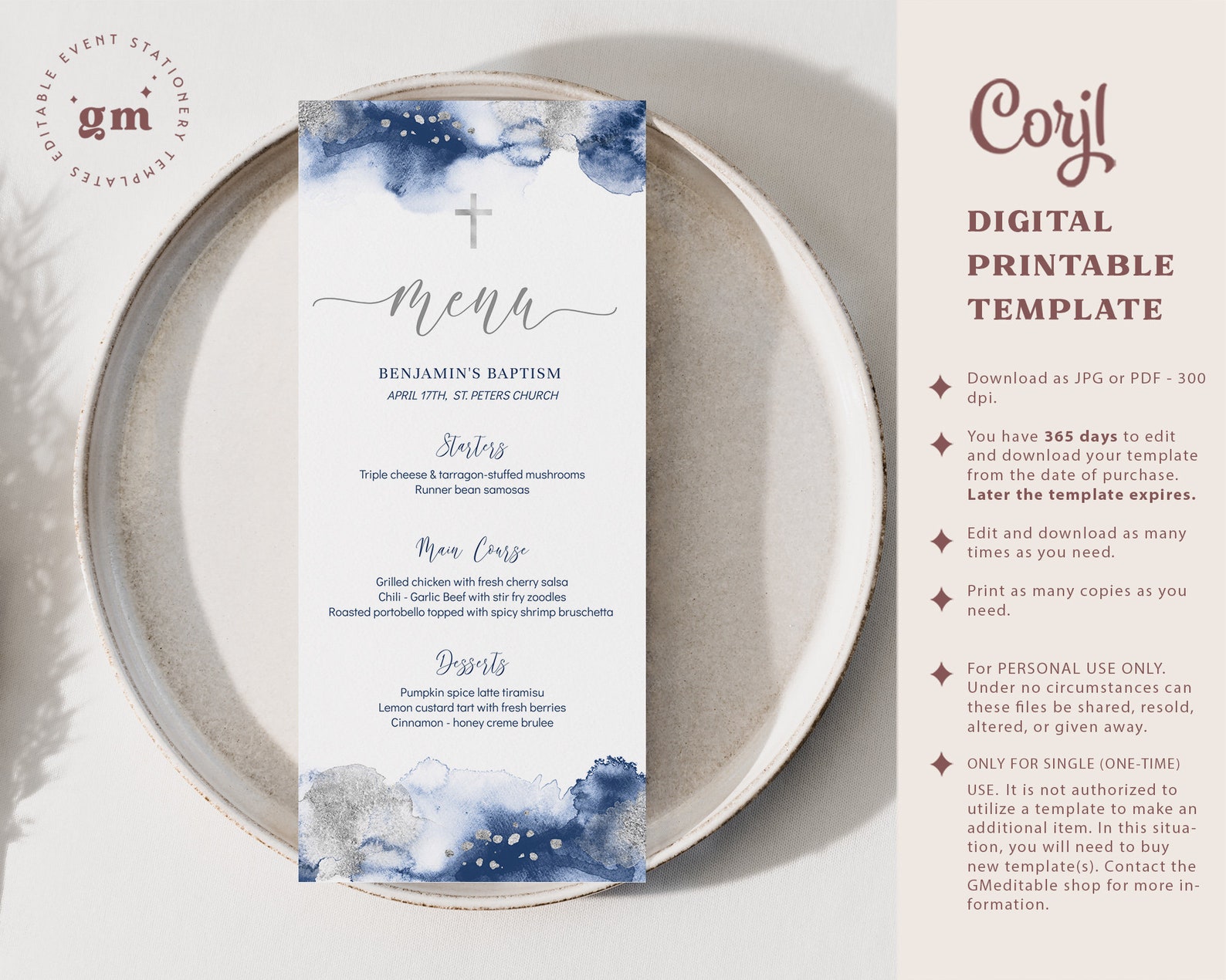 Navy & Silver Baptism Lunch Menu, EDITABLE Boy Communion Menu Template ...