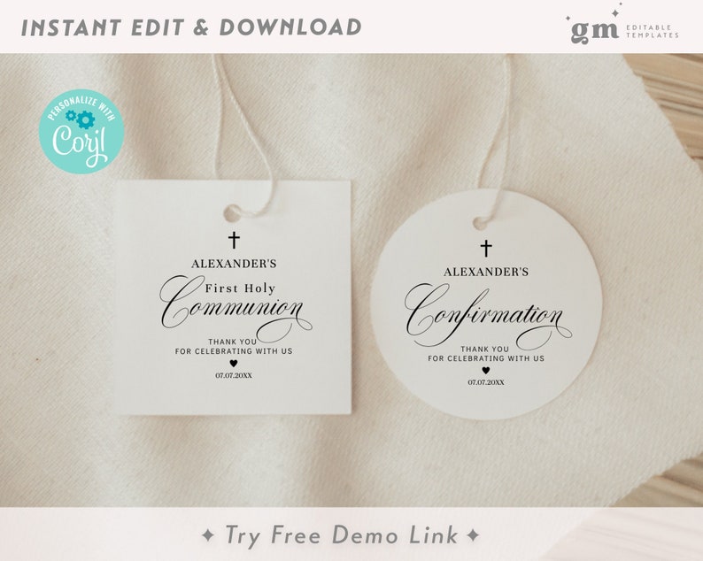 Calligraphy Communion Favor Tag, Circle & Square, EDITABLE Confirmation ...