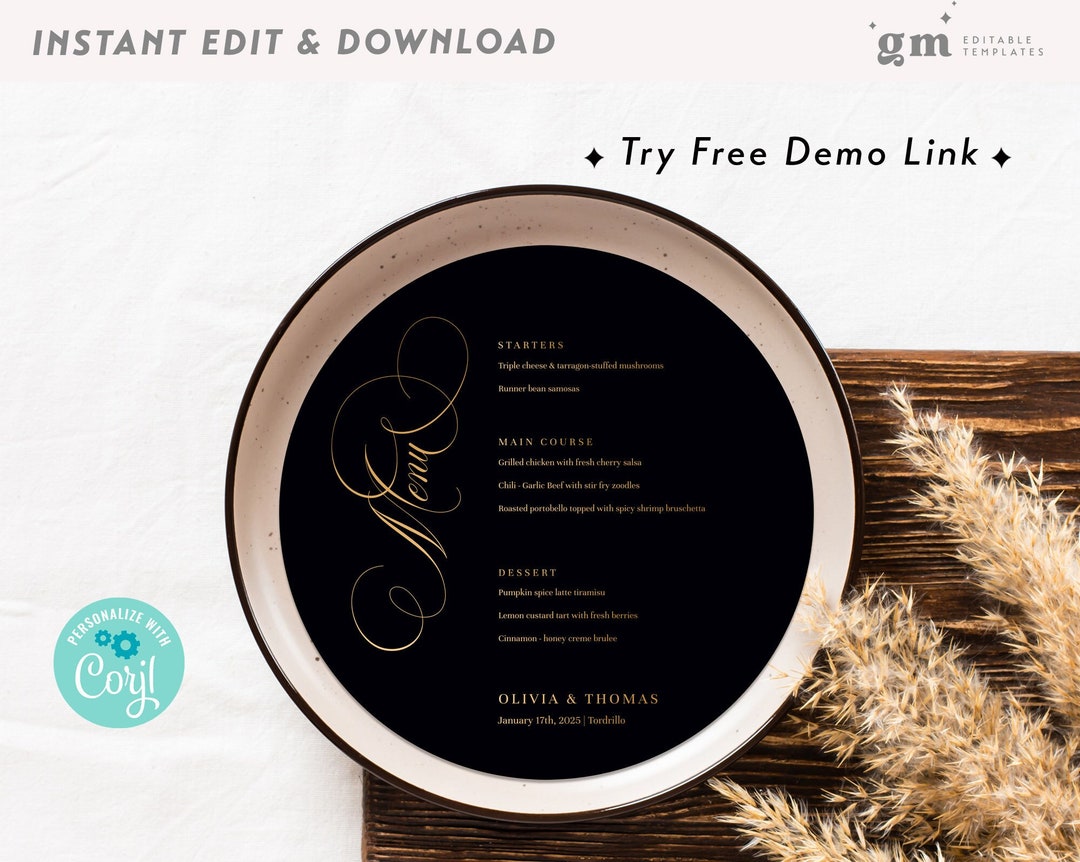 Elegant Round Wedding Table Menu Template, Black & Gold, EDITABLE Circle Dinner Menu Card ...