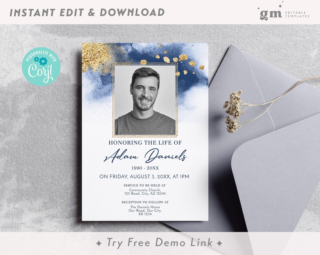 Blue & Gold Memorial Invitation Card, Editable Minimalist Funeral ...