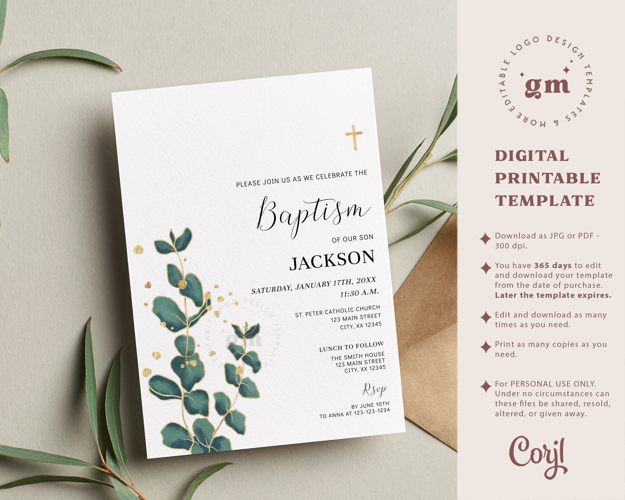 Simple Baptism Invitation Template, Greenery, EDITABLE Neutral Boy Girl ...