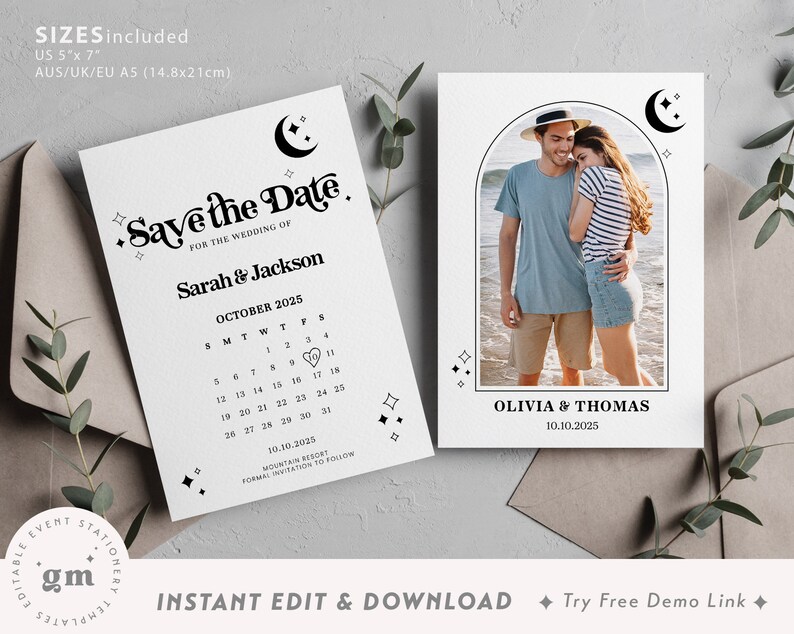 Retro Star Save the Date Card With Photo, Black, EDITABLE 70s Wedding ...