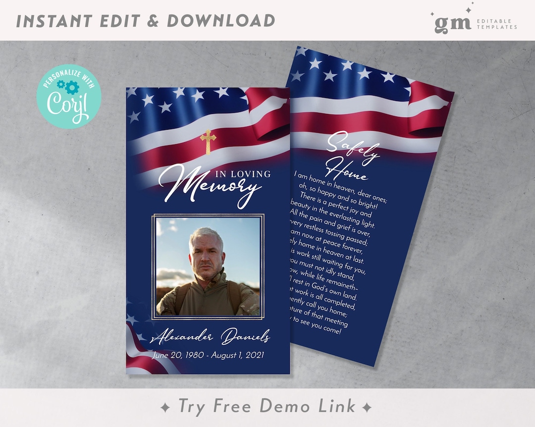 Military Catholic Mass Card for Funeral, Editable Veteran Memorial ...