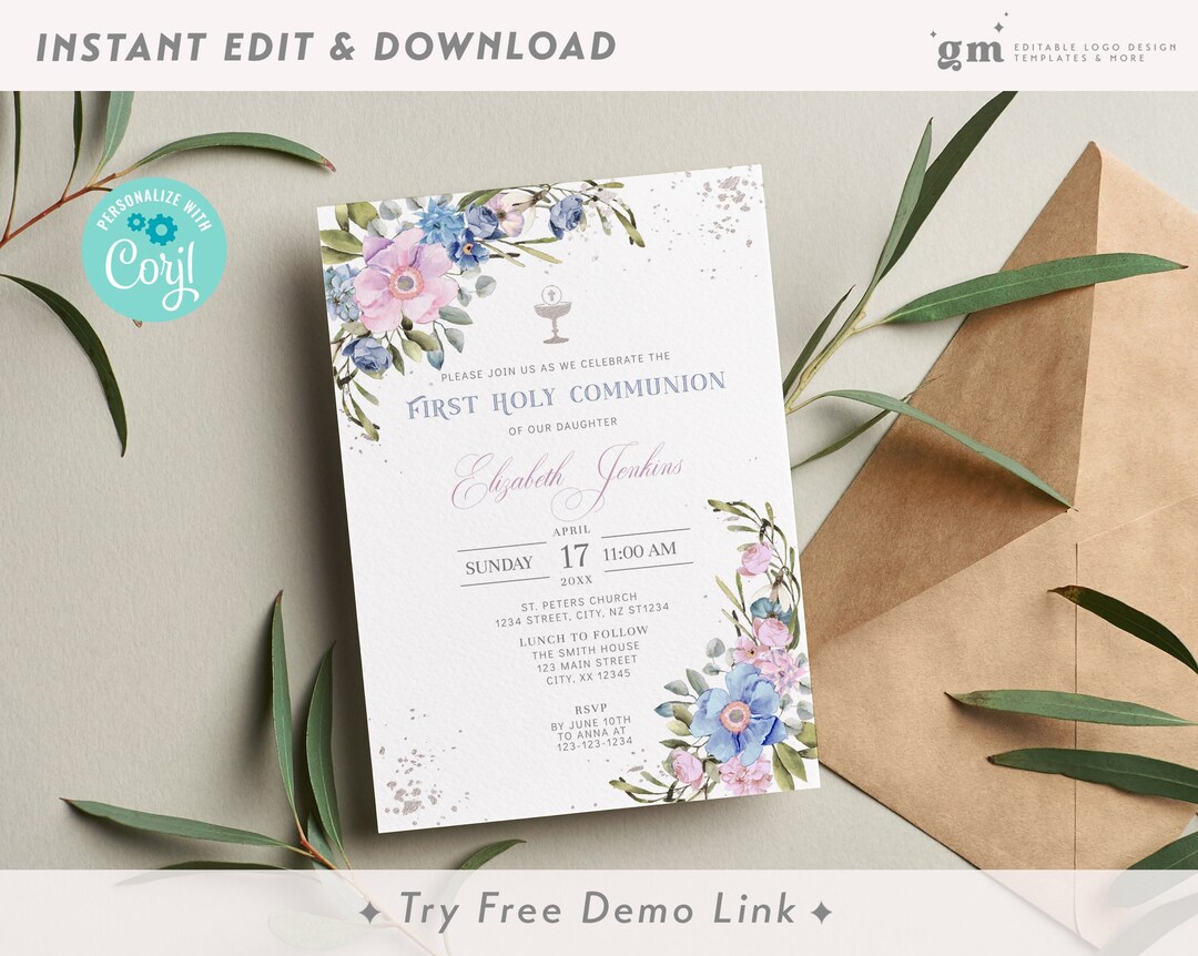 Floral Girl 1st Communion Invitation, EDITABLE First Holy Communion ...