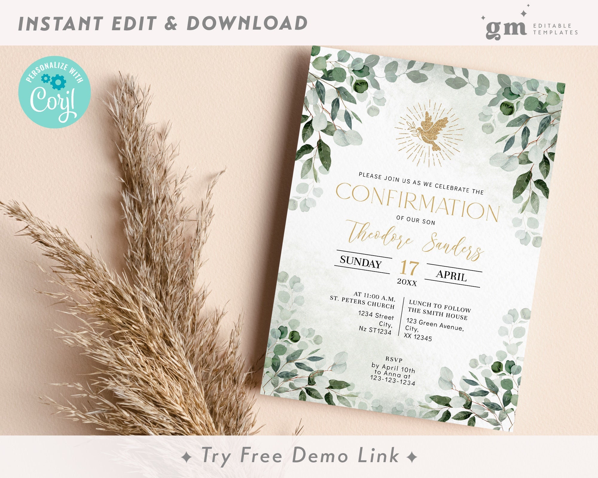 Greenery Confirmation Invite With Dove, Boy Religious Invite Template ...