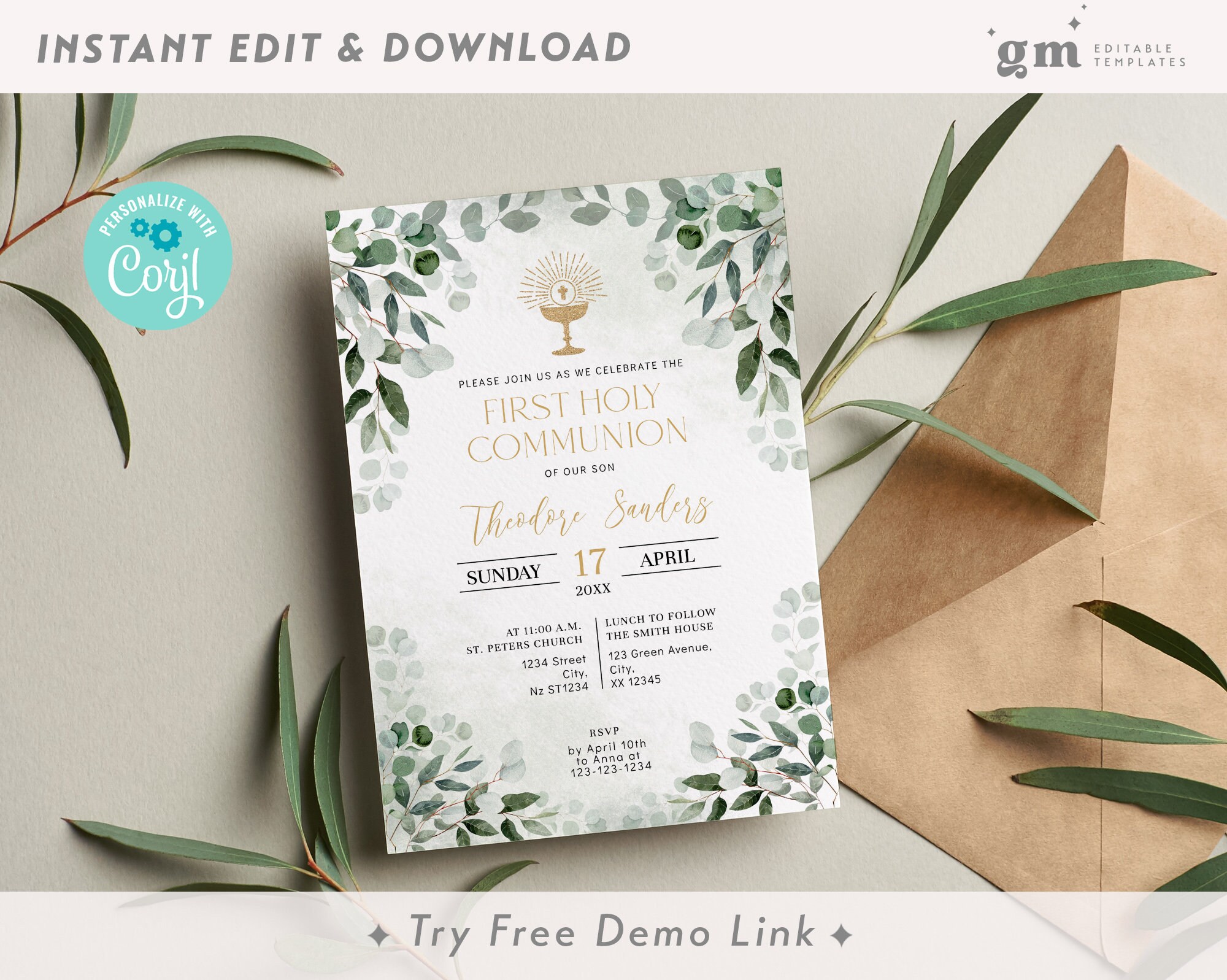 Greenery 1st Communion Invitation With Chalice, Editable Boy First Holy ...