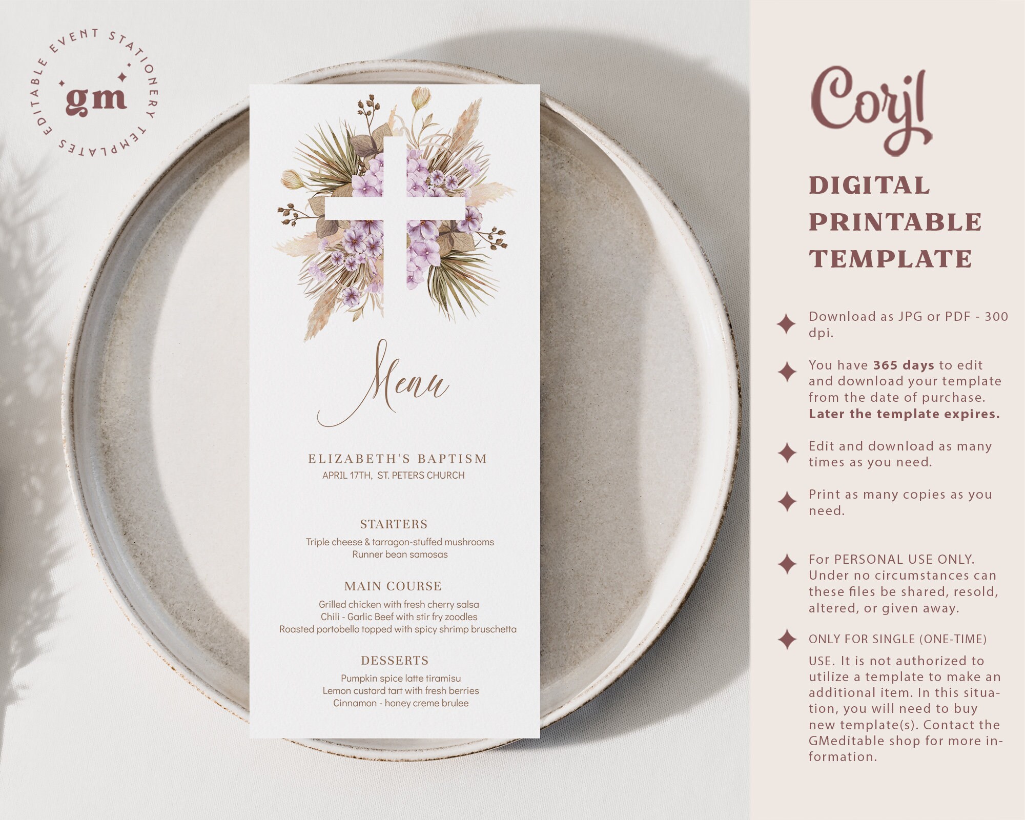 Pampas Grass Cross Baptism Lunch Menu, EDITABLE Girl Communion Menu ...