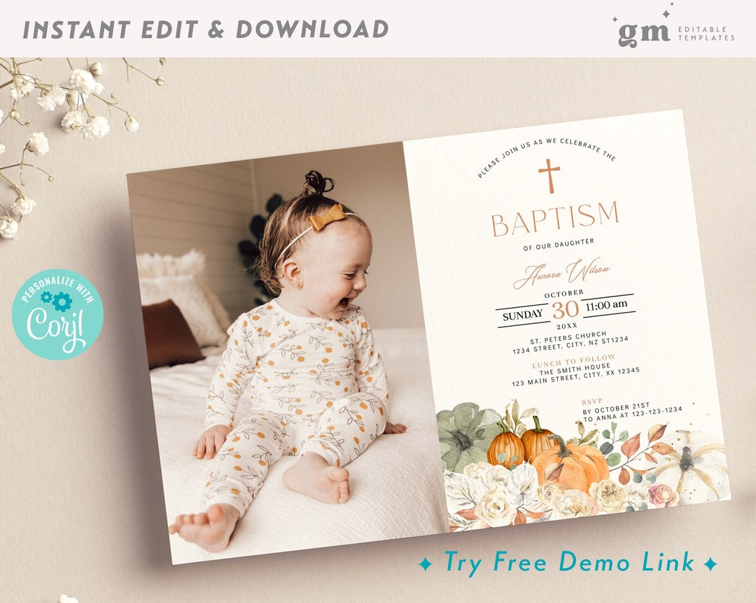 Fall Baptism Photo Invite Card, Pumpkins, EDITABLE Autumn Christening ...