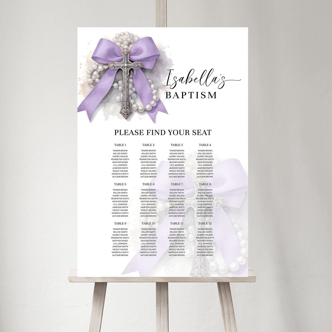 Purple Bow Baptism Seating Chart Template, EDITABLE Find Your Seat Sign ...