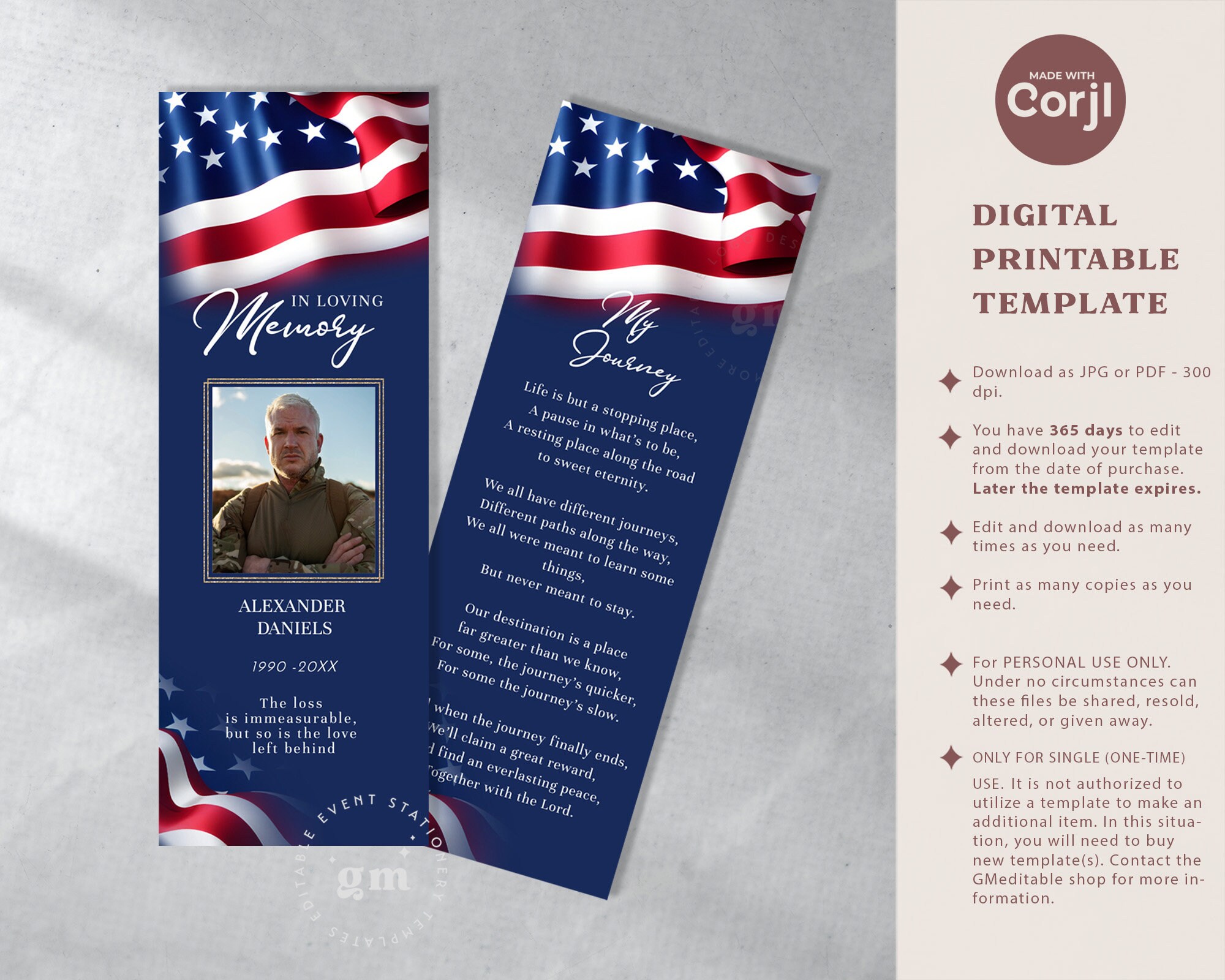 Soldier Funeral Bookmark, Editable Military Memorial Bookmark TEMPLATE ...
