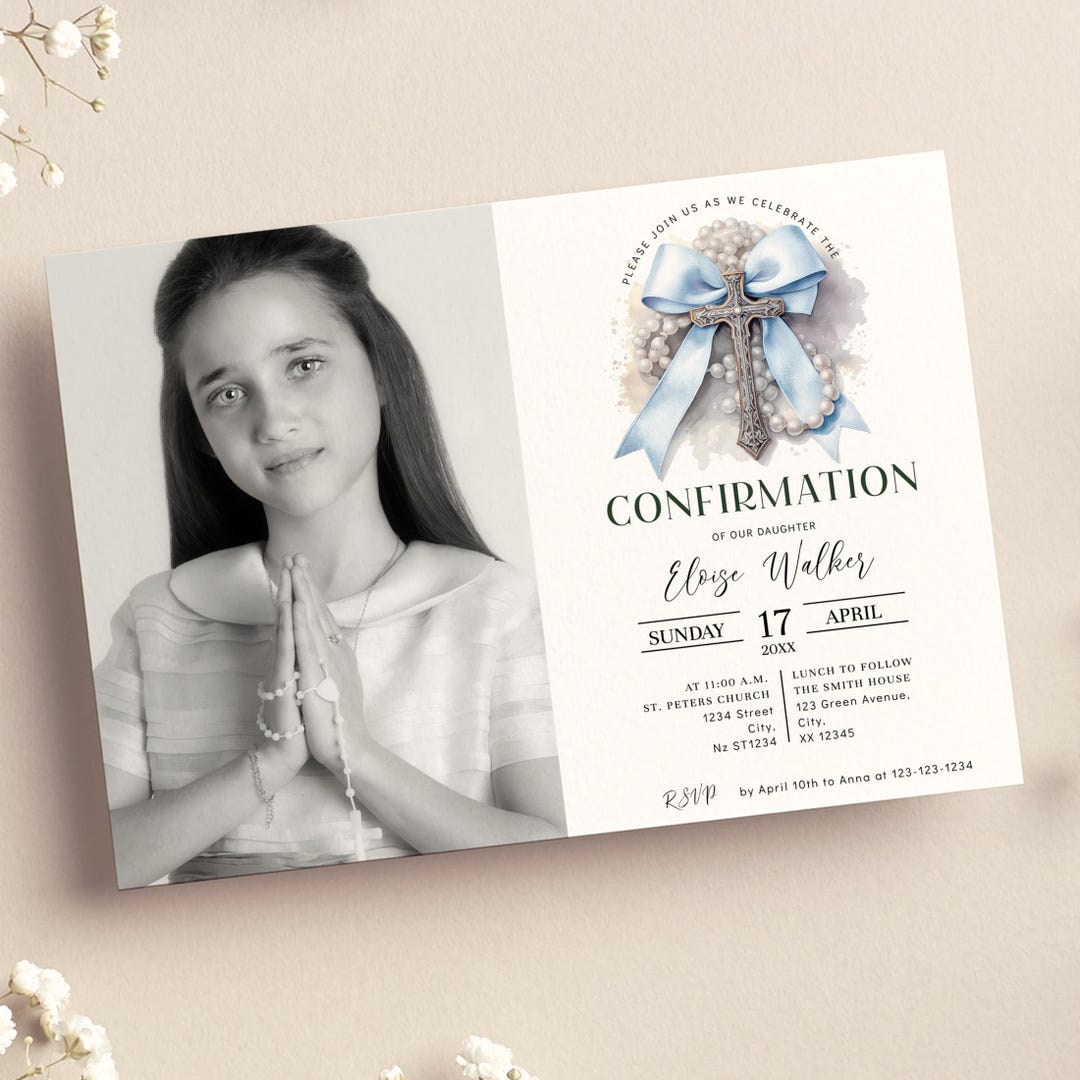 Blue Bow Confirmation Photo Invitation Template, EDITABLE Rosary Girl ...
