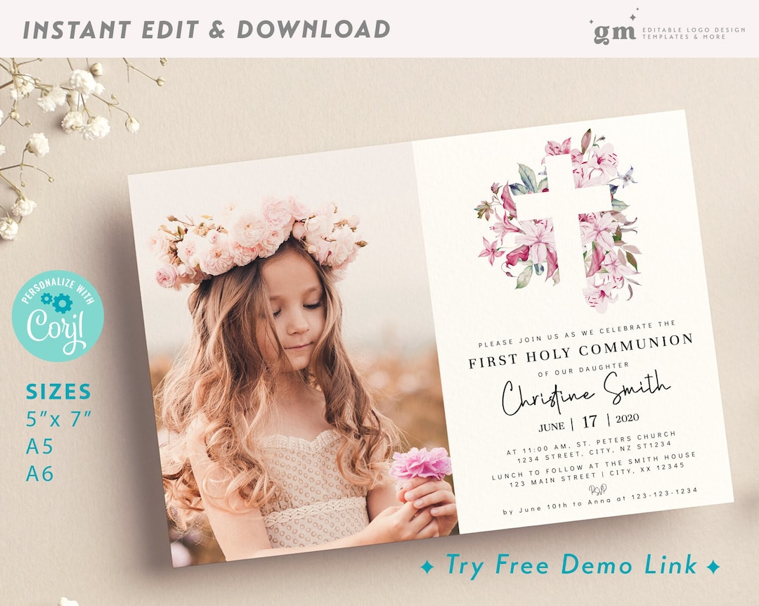 Pink Cross Communion Photo Invitation, Editable Printable Girl First ...