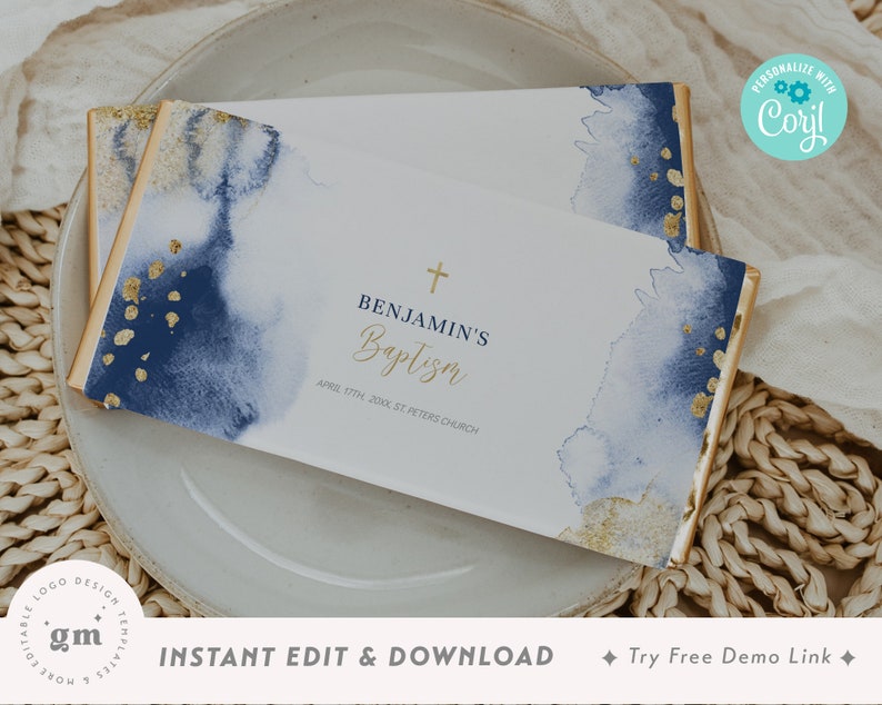 Navy & Gold Chocolate Wrapper Template, Editable Boy Baptism Candy Bar ...