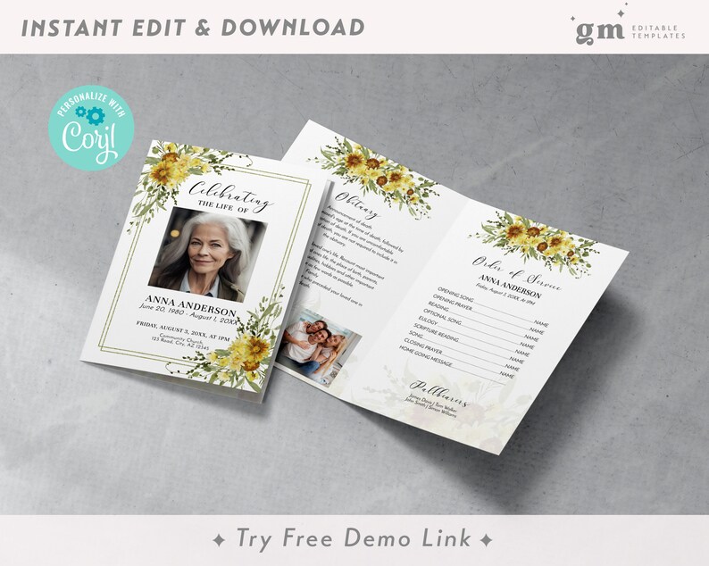 4 Page Funeral Program, Yellow Wildflowers, Editable Floral Obituary ...